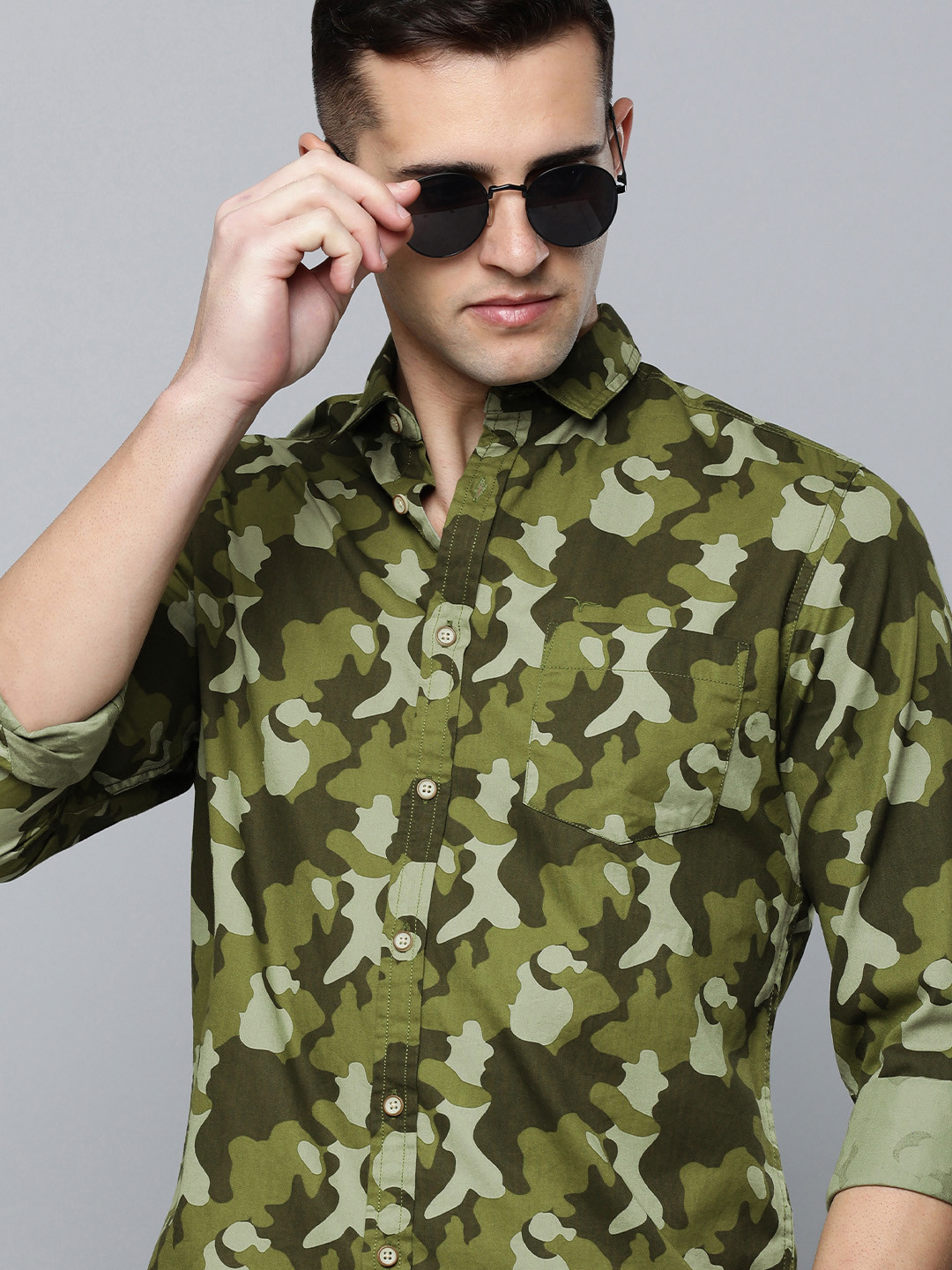 Buy Flying Machine Men Olive Green Camouflaged Printed Pure Cotton Slim ...