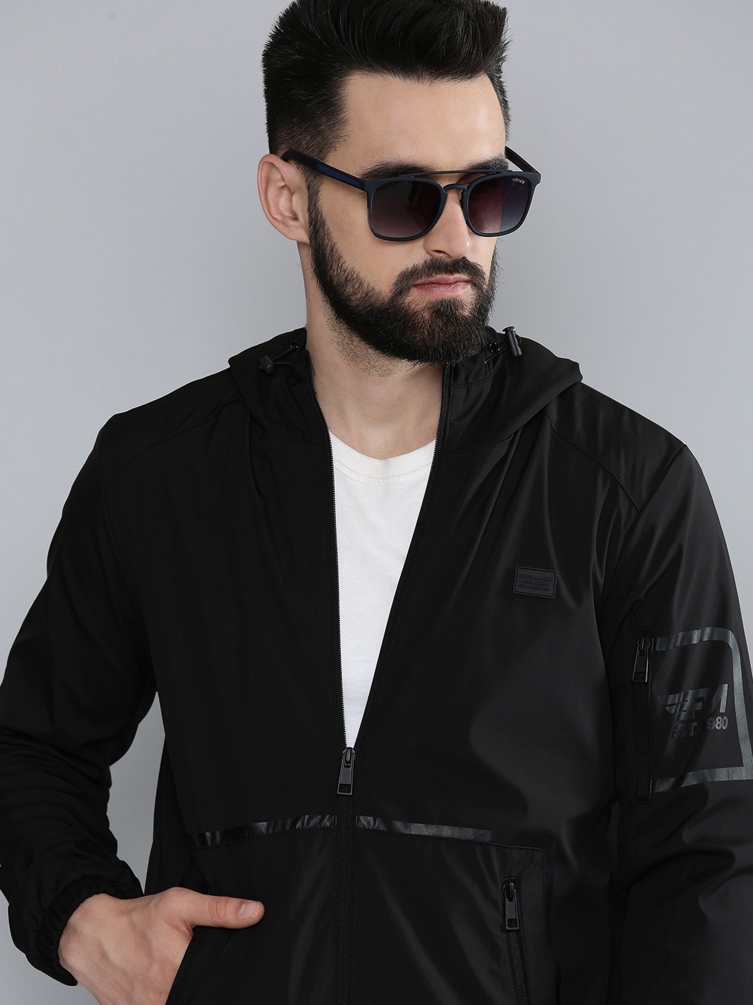 Buy Flying Machine Men Black Solid Hooded Bomber Jacket - Jackets for ...