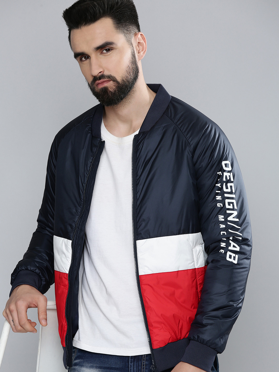Buy Flying Machine Men Navy Blue & Red Colourblocked Bomber Jacket ...