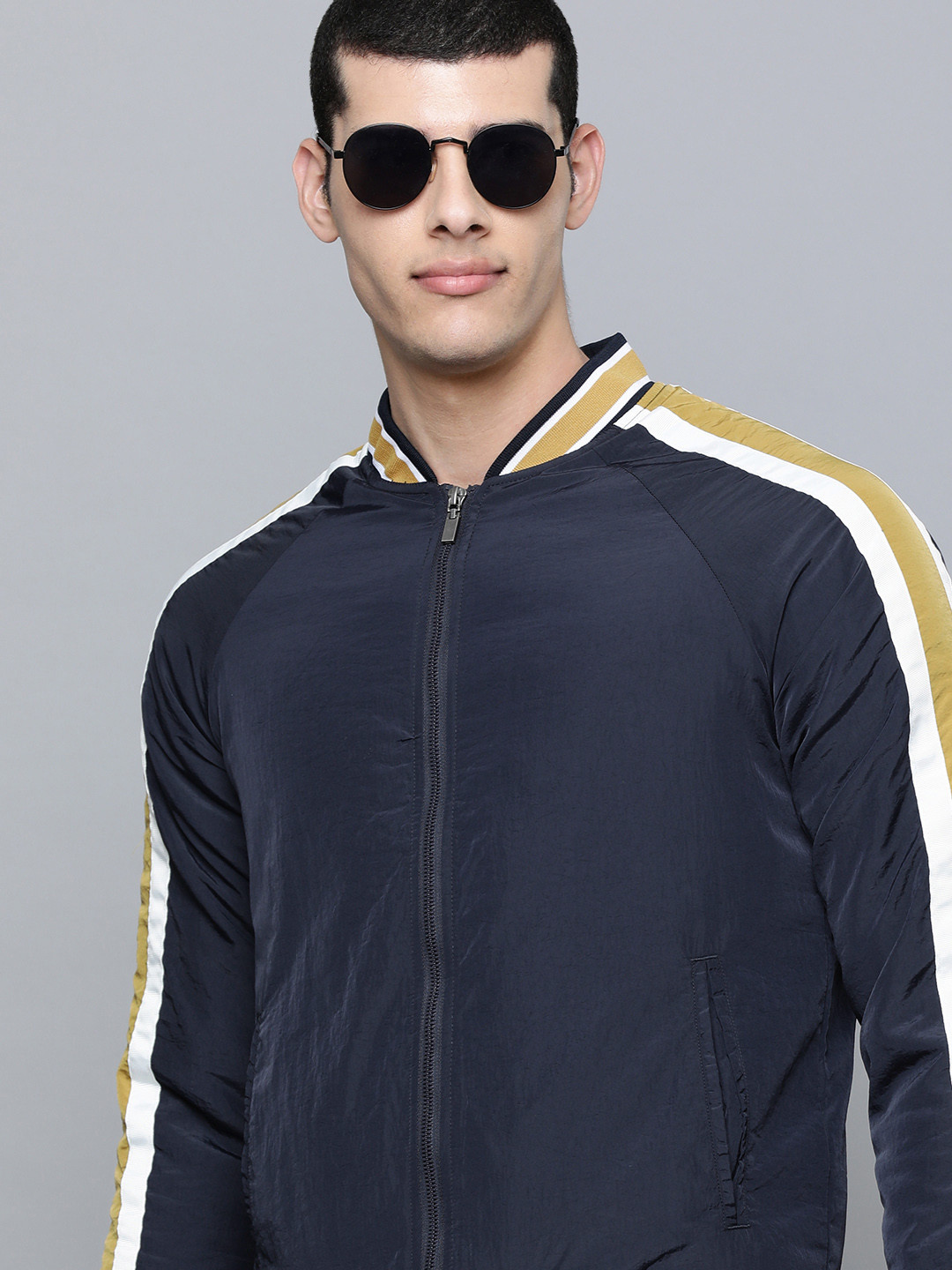 Buy Flying Machine Men Navy Blue Solid Bomber Jacket With Taping Detail ...
