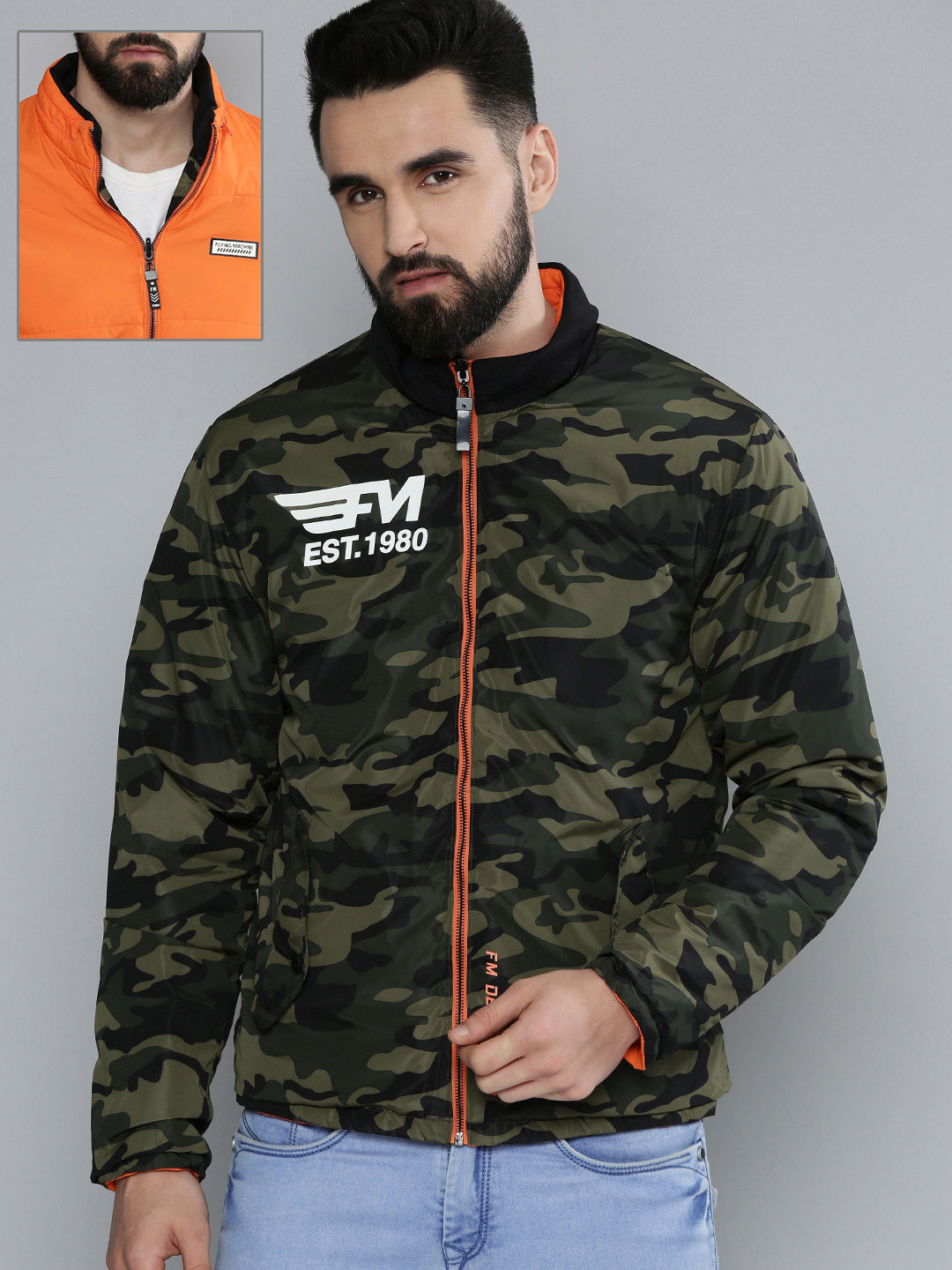 Buy Flying Machine Men Olive Green Camouflage Printed Reversible Puffer ...