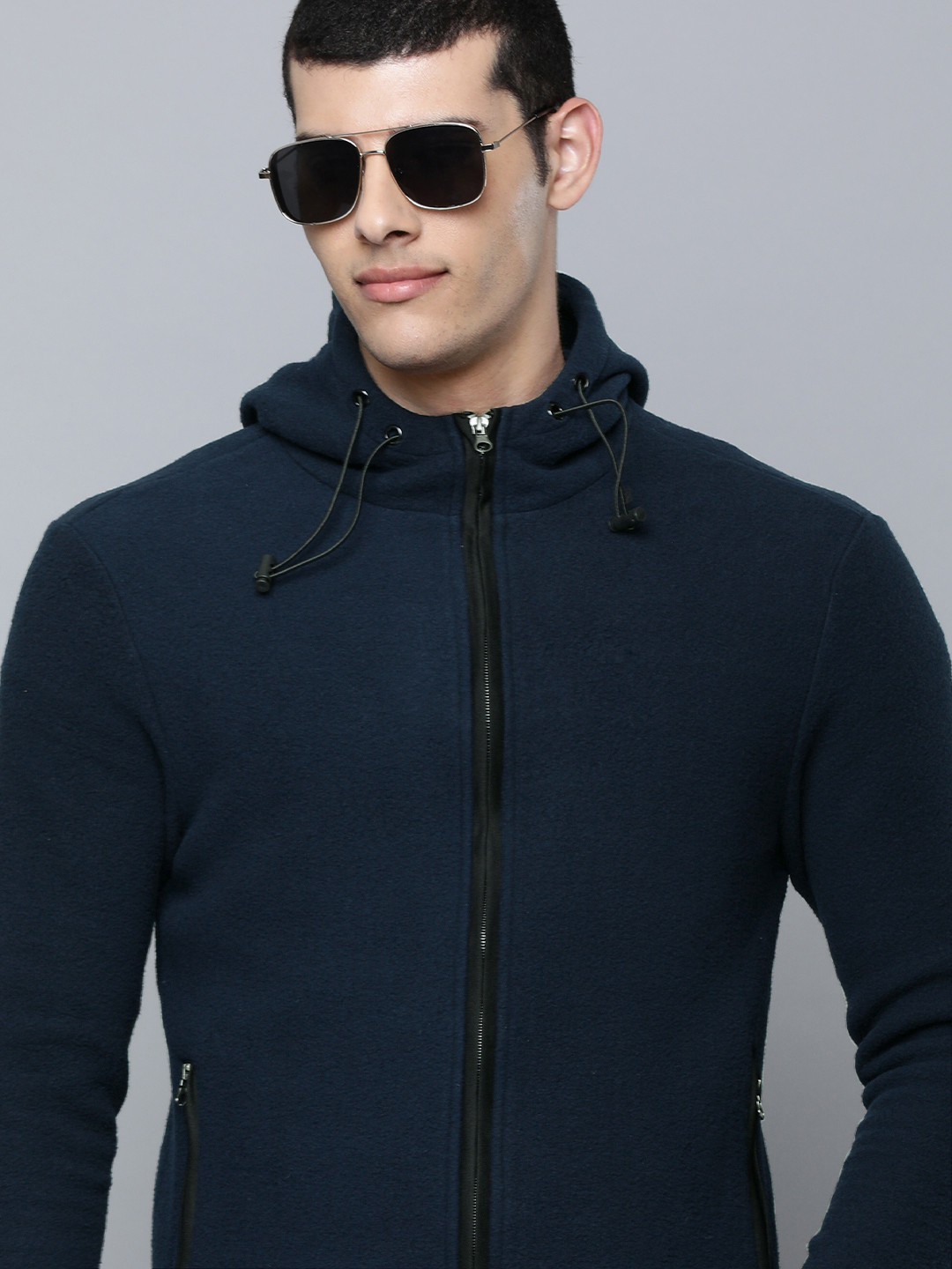 Buy Flying Machine Men Navy Blue Solid Hooded Bomber Jacket - Jackets ...
