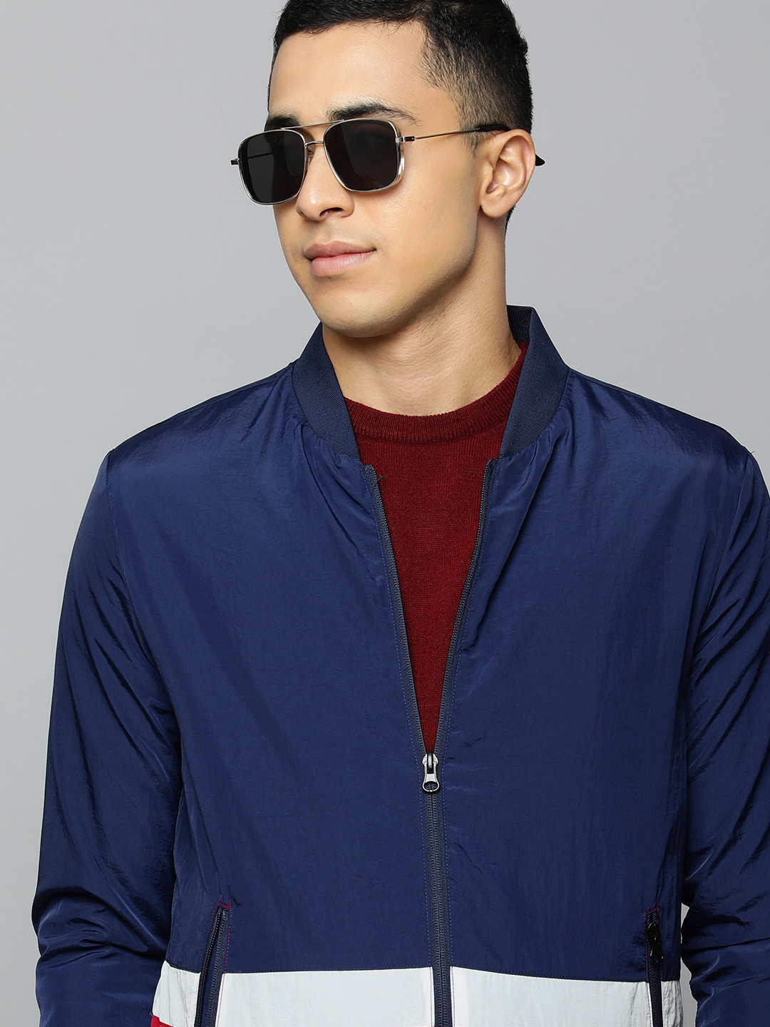 Buy Flying Machine Men Navy Blue Red Colourblocked Bomber Jacket ...