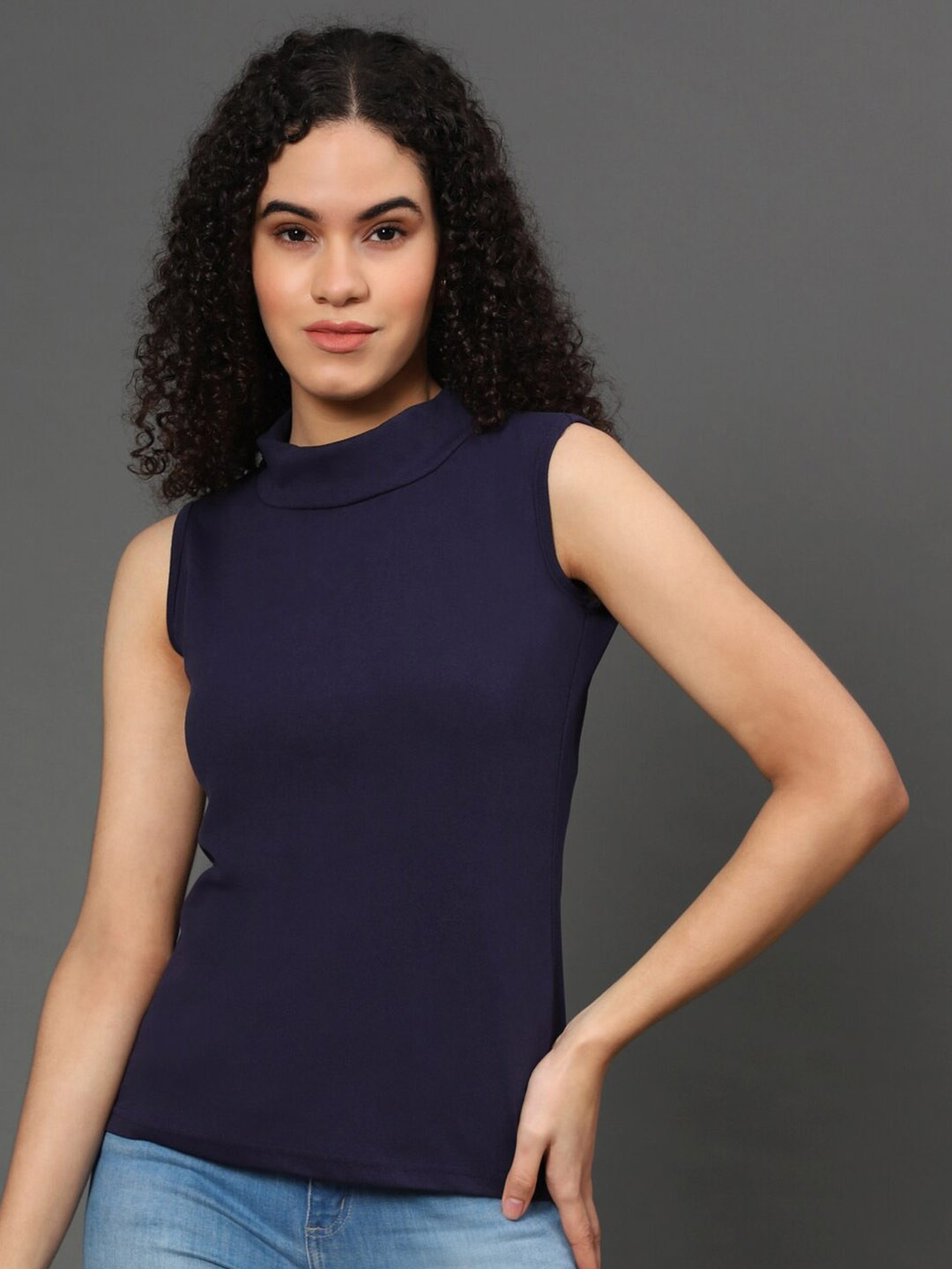 Buy WESTHOOD Women Navy Blue Solid High Neck Top - Tops for Women ...