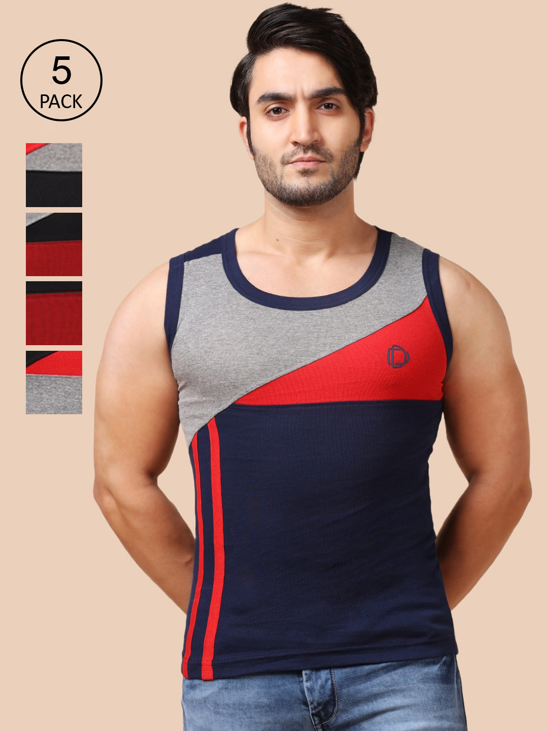 Buy Dollar Bigboss Men Assorted Pack Of 5 Combed Cotton Racerback ...