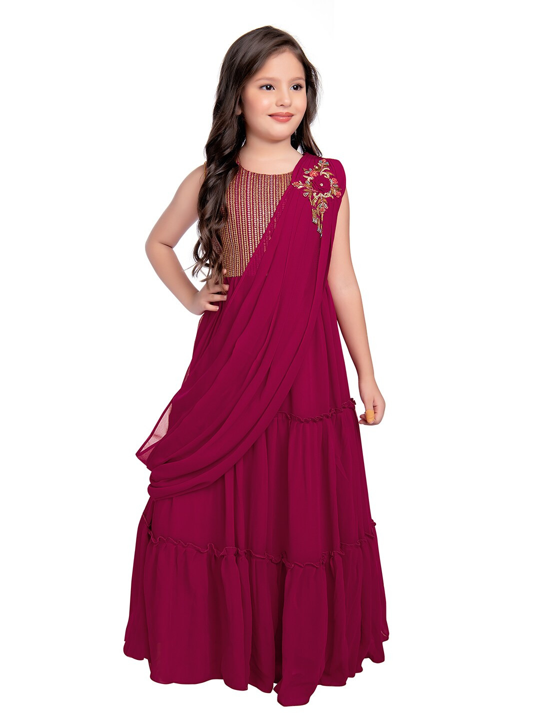 Buy BETTY Girls Pink Embroidered Georgette Maxi Dress With Dupatta ...