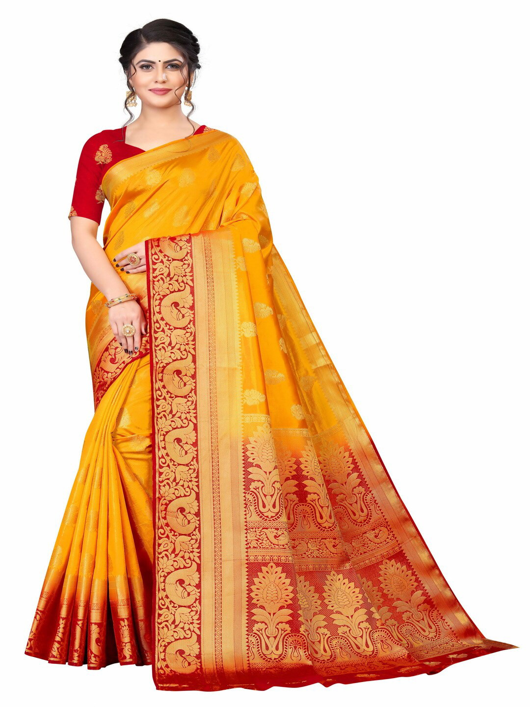 Buy MOKSHA DESIGNS Yellow & Red Woven Design Zari Pure Silk Banarasi ...