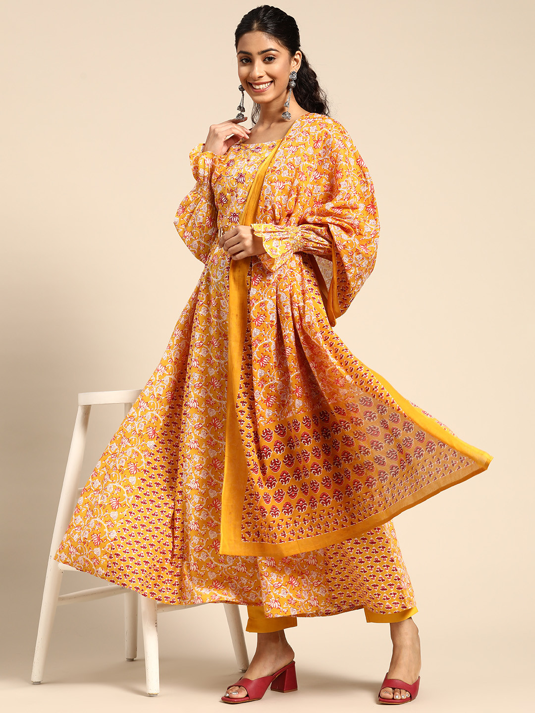 Buy Sangria Women Yellow & White Ethnic Motifs Printed Thread Work ...