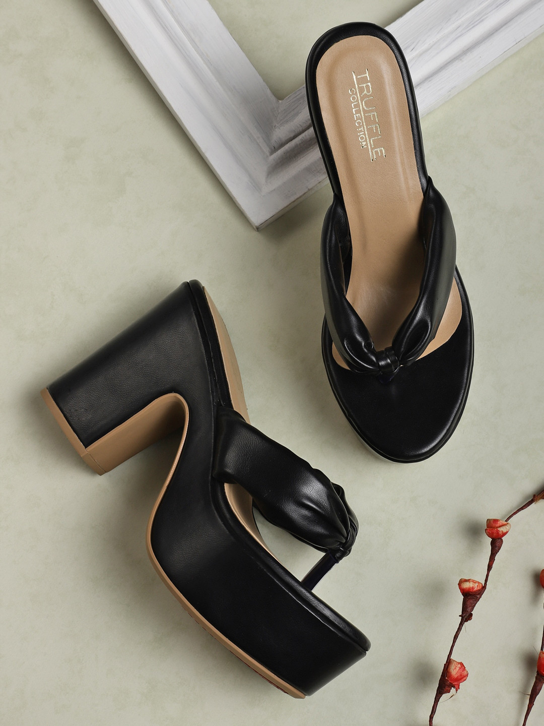 Buy Truffle Collection Black PU Block Sandals - Heels for Women ...