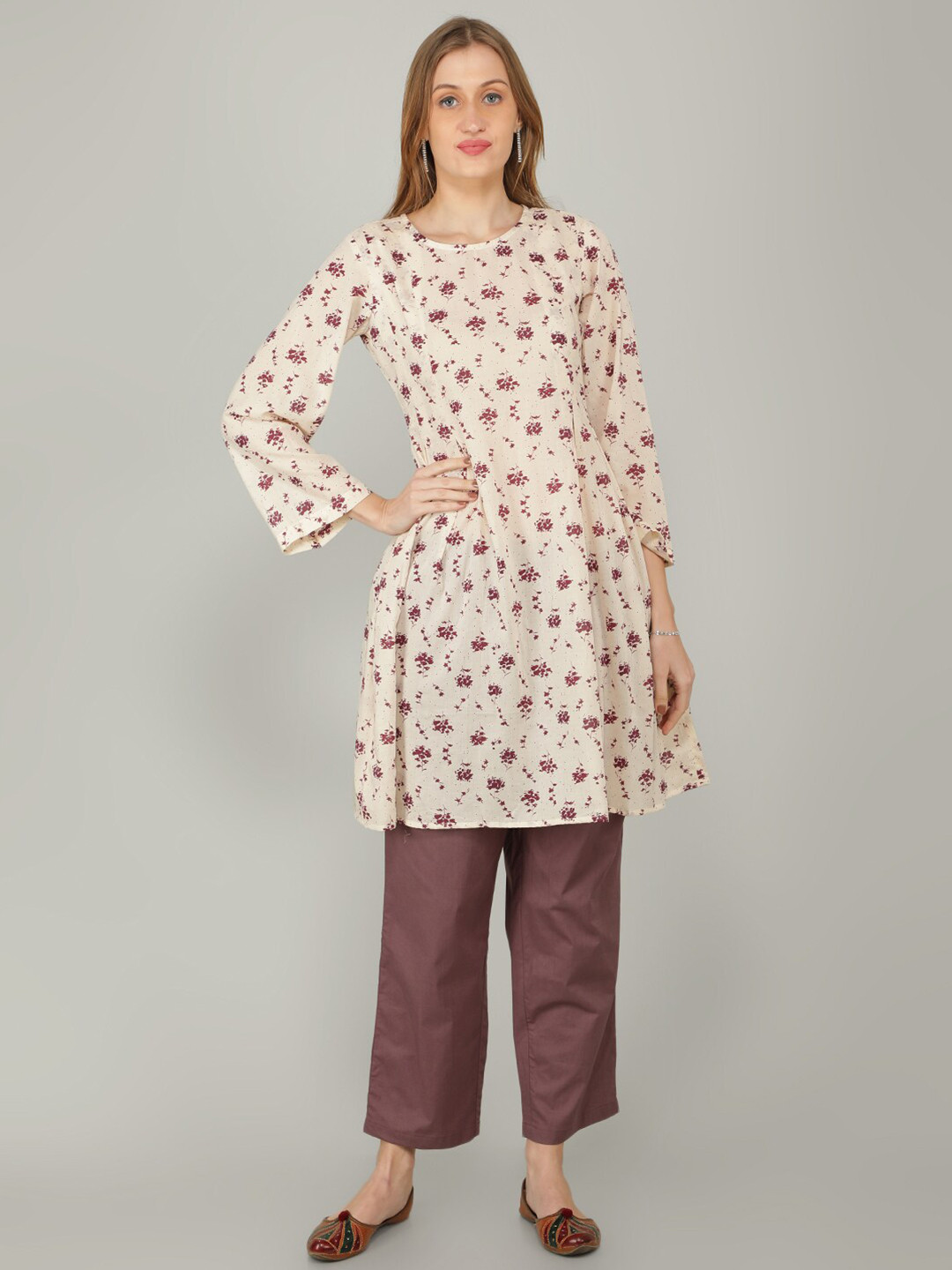 Buy NAVIYATA Cream Coloured & Burgundy Floral Layered A Line Dress ...