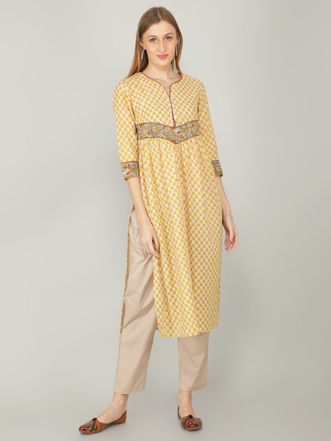 Buy NAVIYATA Women Yellow Floral Printed Empire Pure Cotton Kurta With ...