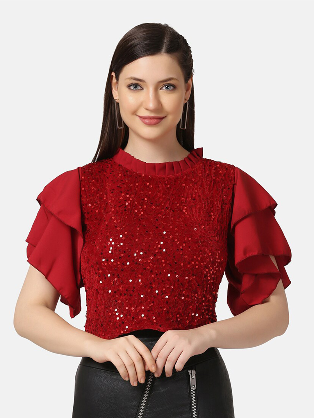 Buy BUY NEW TREND Women Maroon Embellished Velvet Top - Tops for Women ...