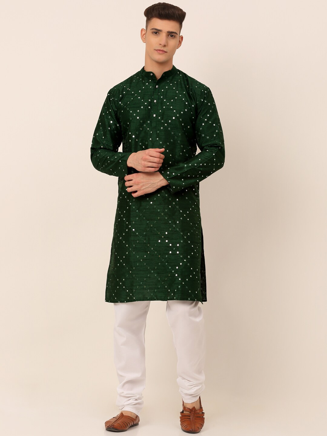 Buy Jompers Men Green Mirror Work Embroidered Dupion Silk Kurta With