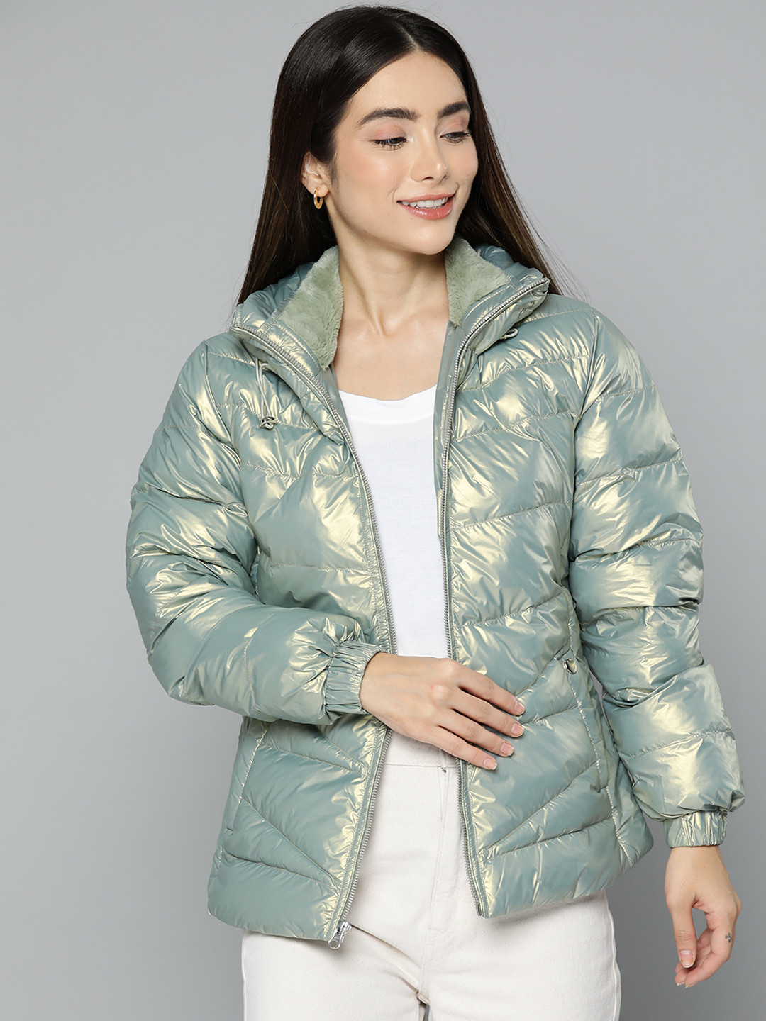 Buy Fort Collins Women Metallic Green Solid Puffer Jacket - Jackets for ...