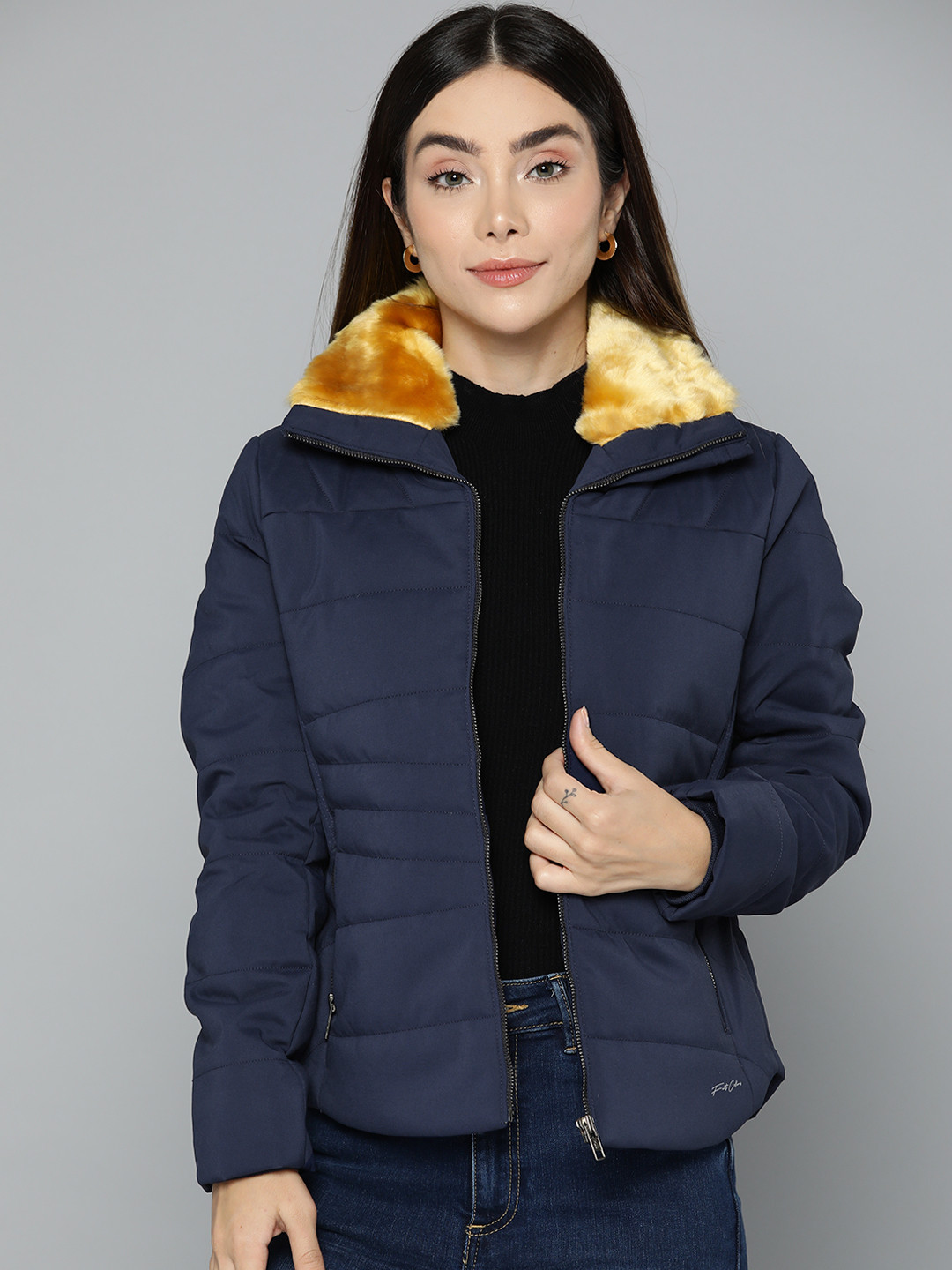 Buy Fort Collins Women Navy Blue Solid Puffer Jacket - Jackets for ...