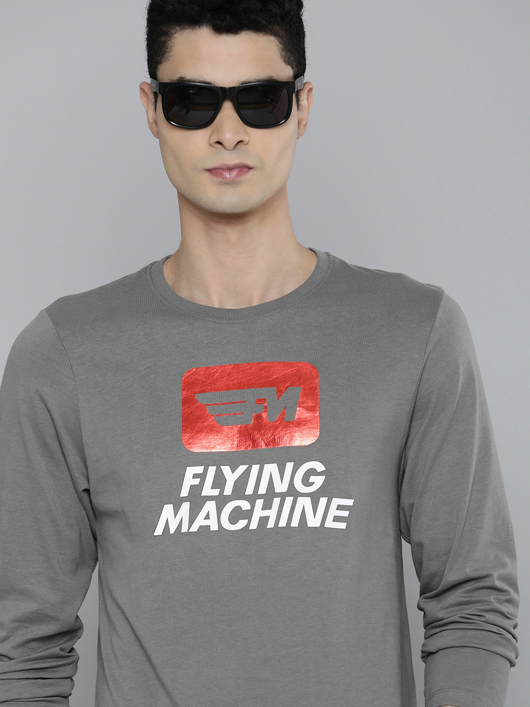 Buy Flying Machine Men Grey Brand Logo Print Round Neck Pure Cotton ...