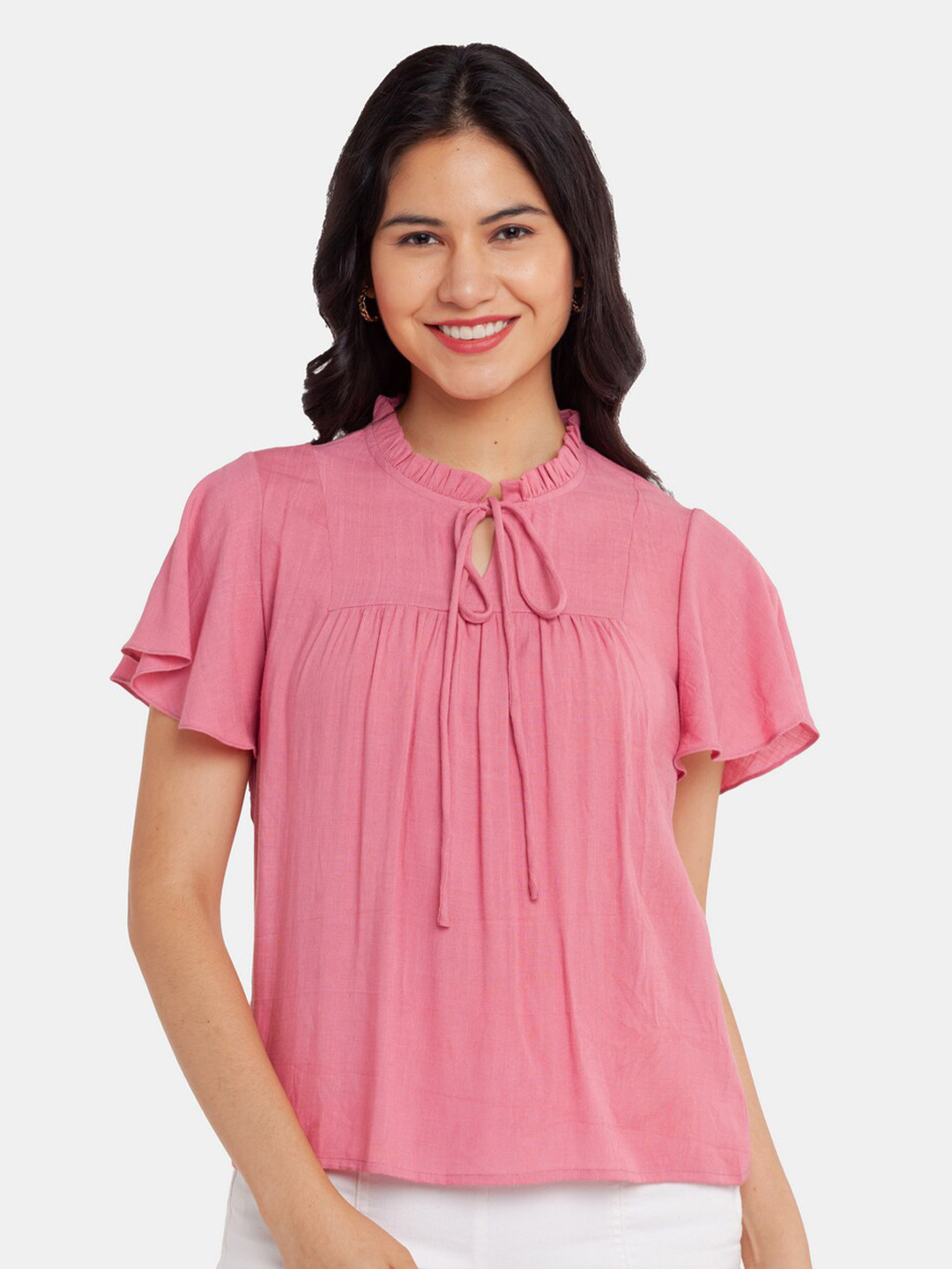 Buy Zink London Pink Solid Tie Up Neck Top - Tops for Women 19265824 ...