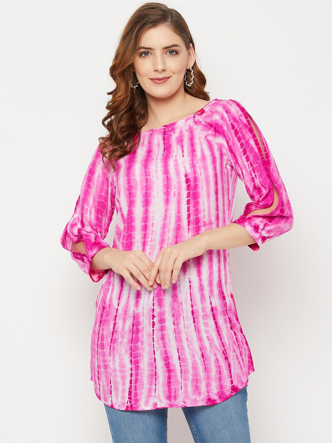 Buy Ruhaans Pink & White Boat Neck Tie & Dye Tunic - Tunics for Women ...
