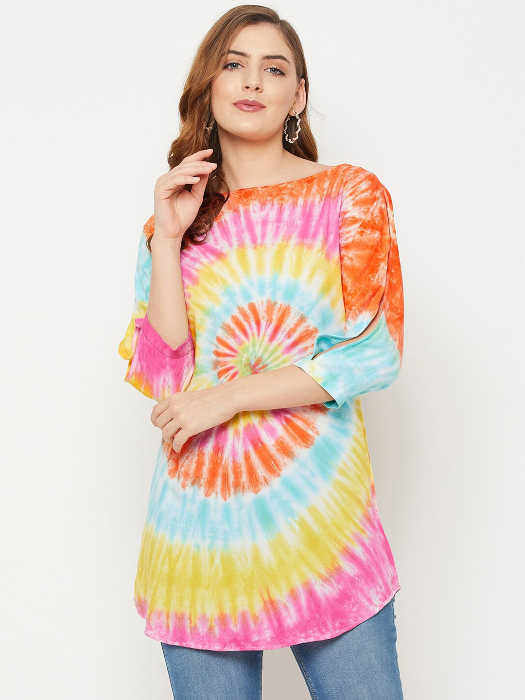 Buy Ruhaans Blue & Pink Boat Neck Tie & Dye Tunic - Tunics for Women ...