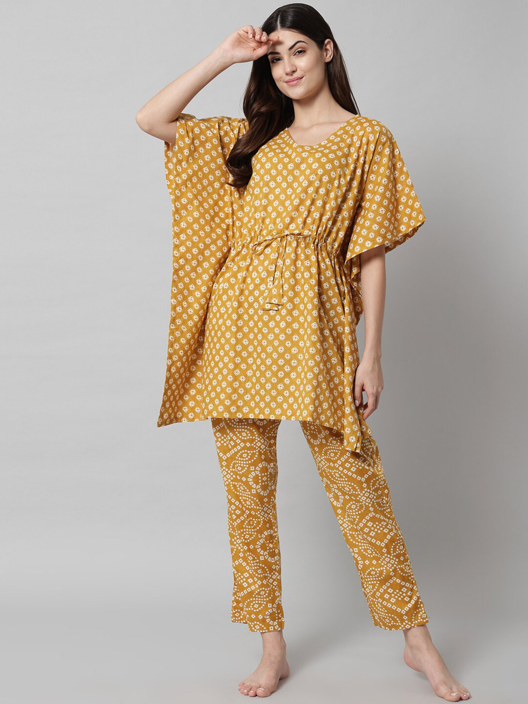 Buy SEPHANI Women Mustard & White Printed V Neck Night Suit - Night ...