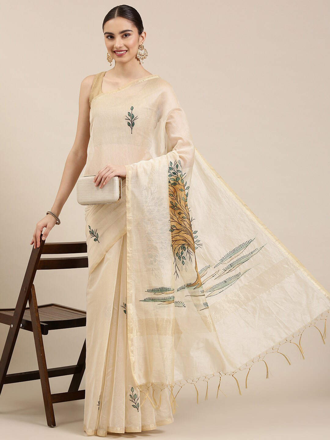 Buy The Chennai Silks Beige & Brown Floral Zari Pure Cotton Chanderi Saree - Sarees for Women ...