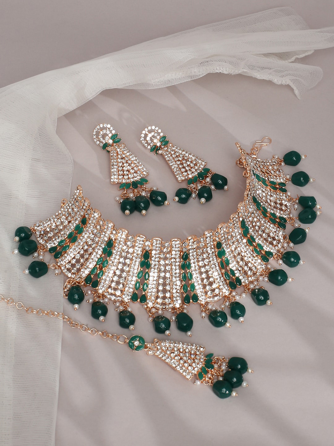 Buy VATSALYA Creation Women Gold Plated Green & White Stone Studded ...