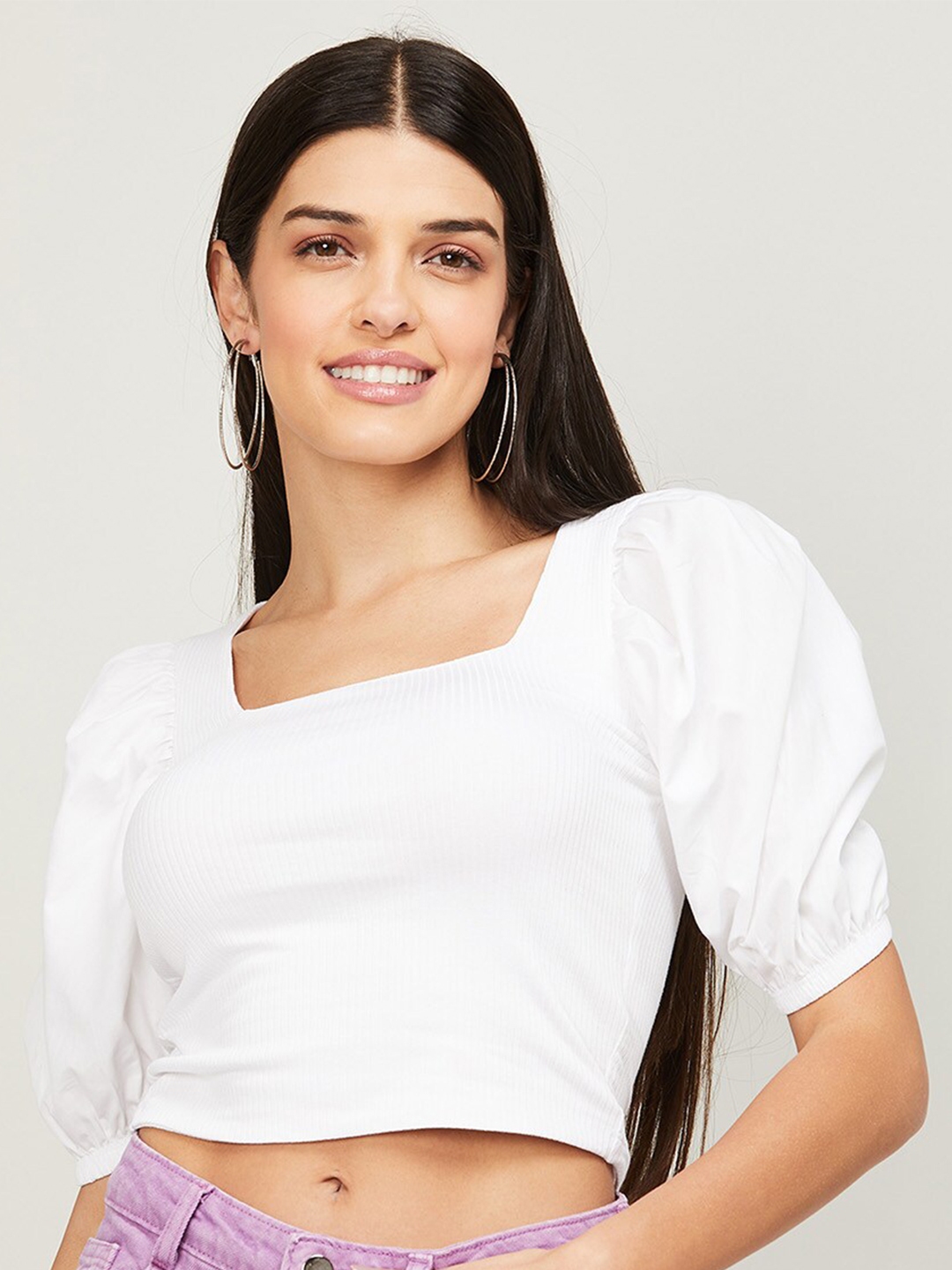 Buy Ginger By Lifestyle White Square Neck Puff Sleeves Crop Top Tops