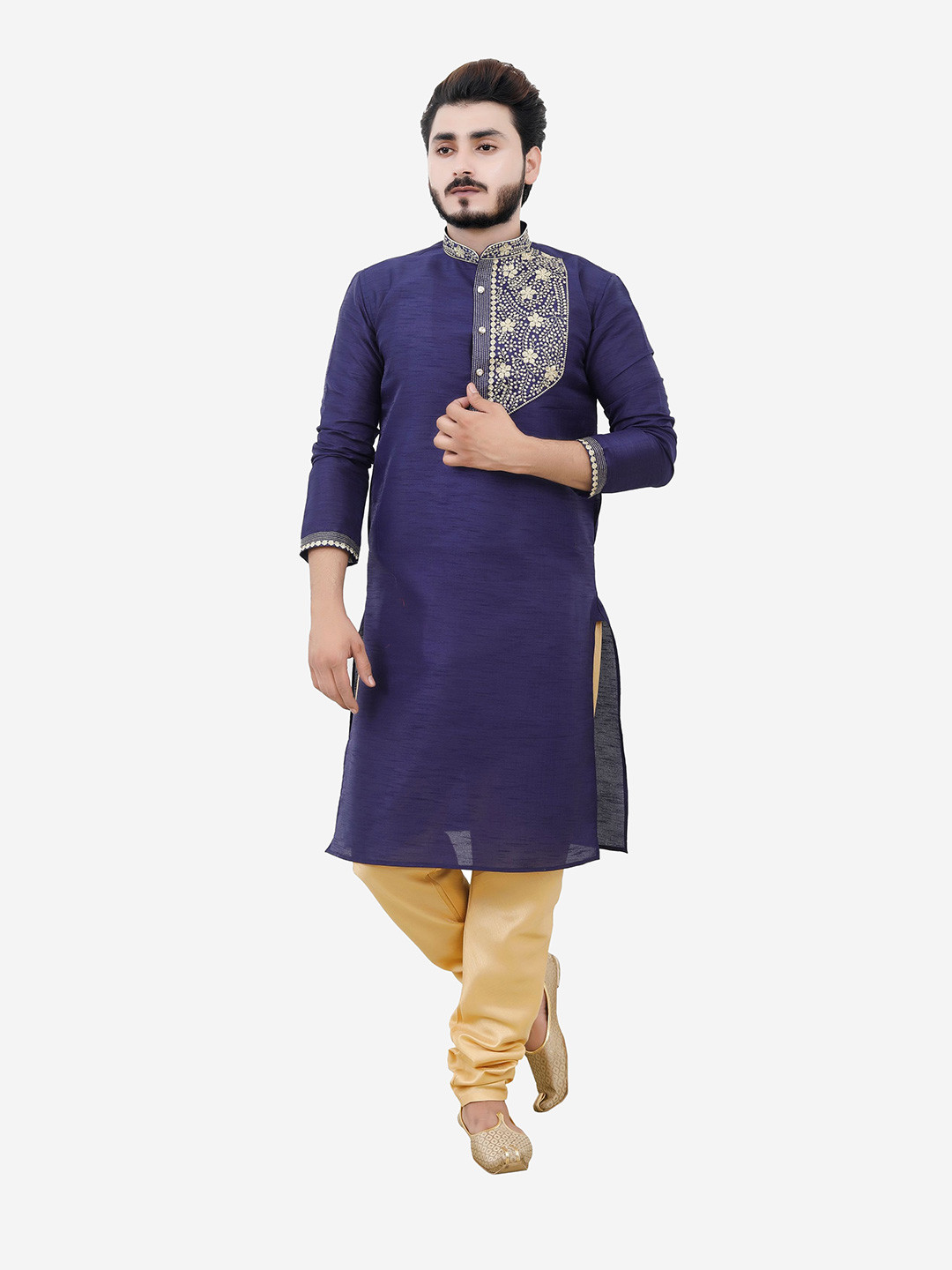 Buy Tibra Collection Men Navy Blue Yoke Design Dupion Silk Kurta With ...