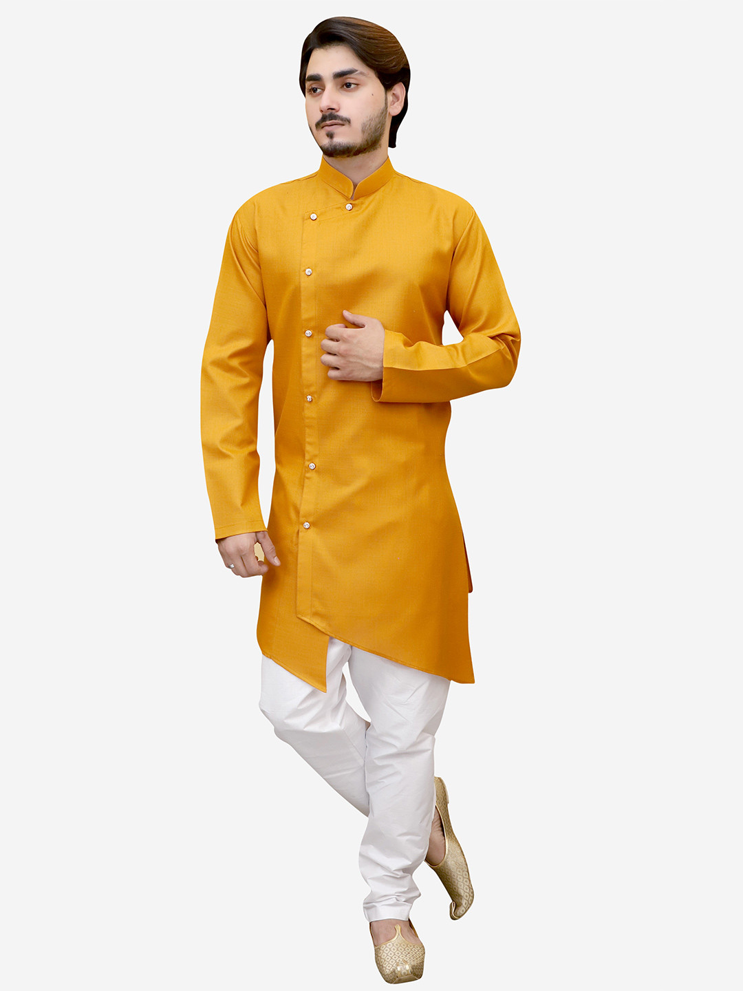 Buy Tibra Collection Men Mustard Yellow Angrakha Pure Cotton Kurta With ...