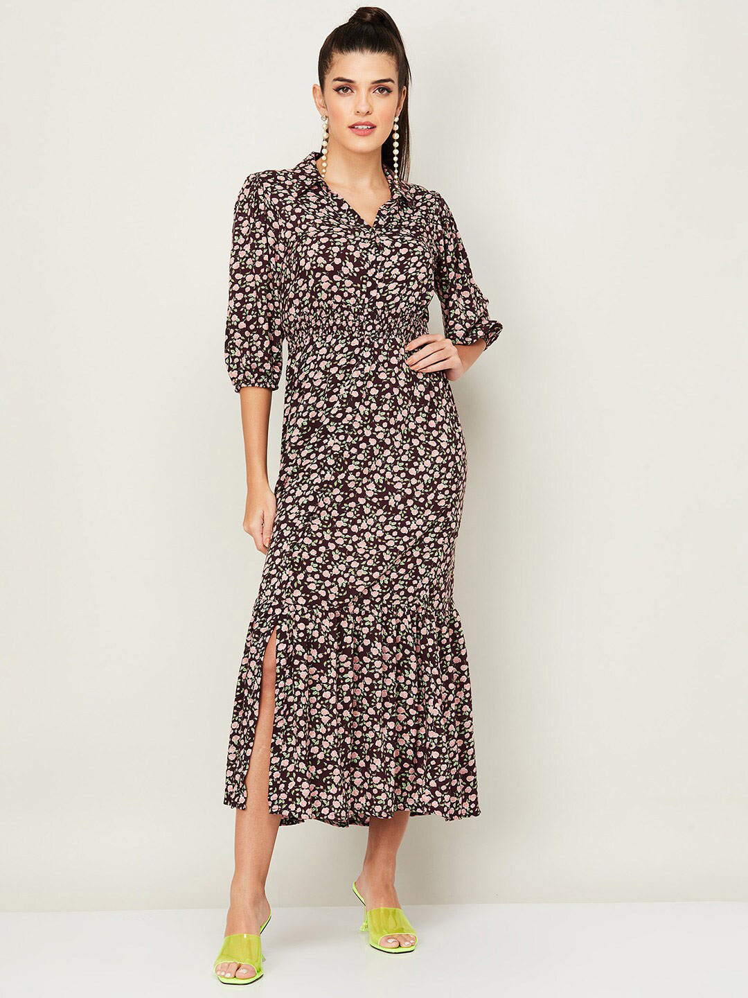 Buy CODE By Lifestyle Brown Floral Midi Dress - Dresses for Women ...