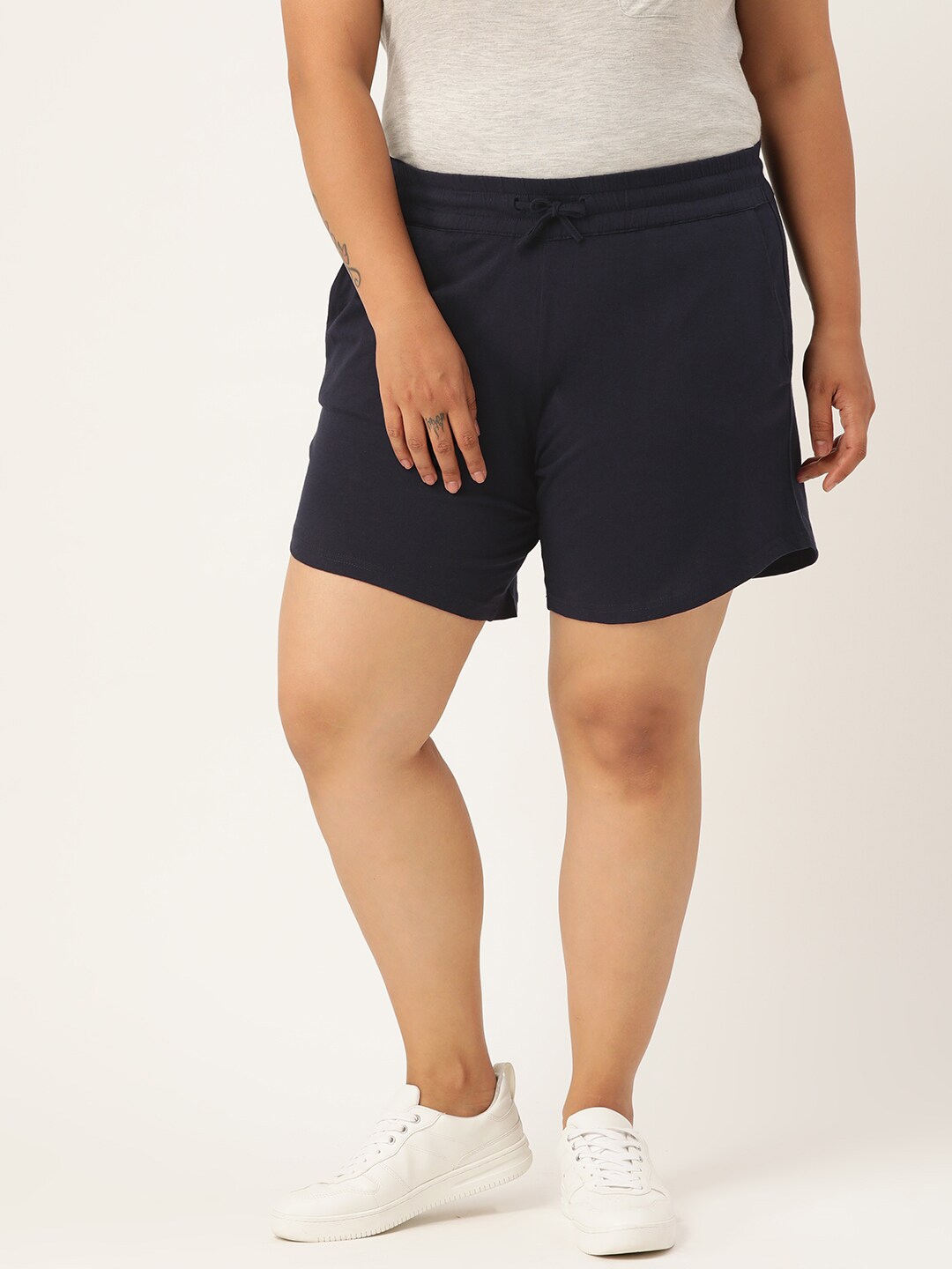Buy TheRebelinme Women Navy Blue High Rise Plus Size Pure Cotton Shorts ...