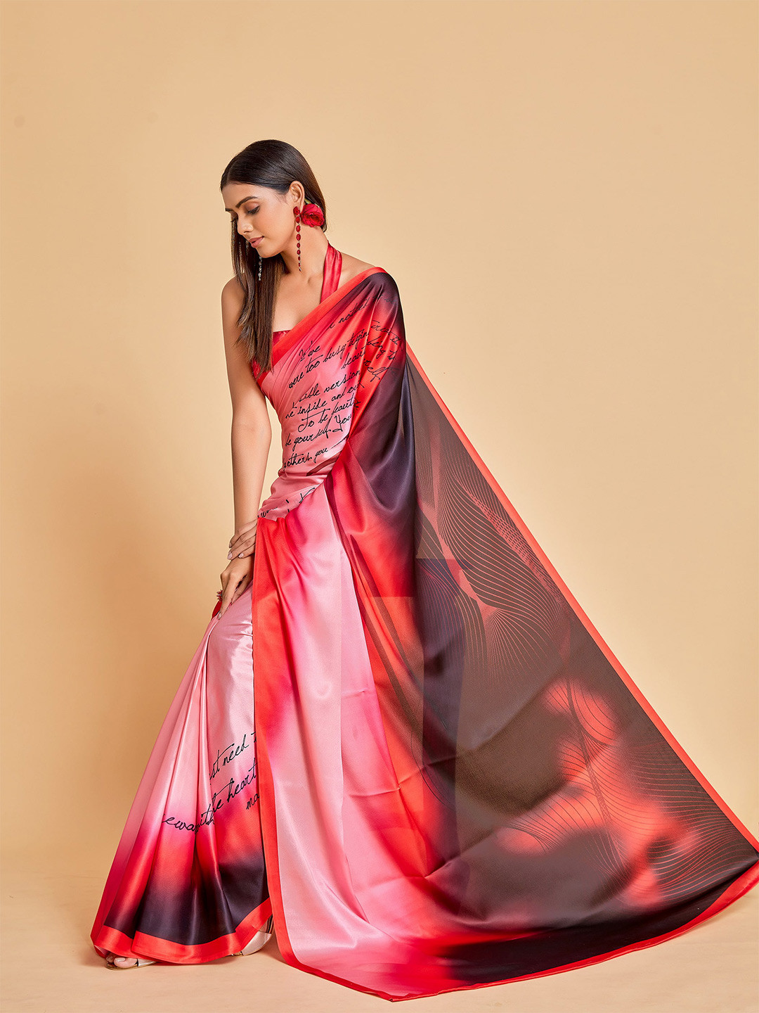 Buy Sangria Peach Coloured & Red Tie & Dye Satin Saree - Sarees for ...