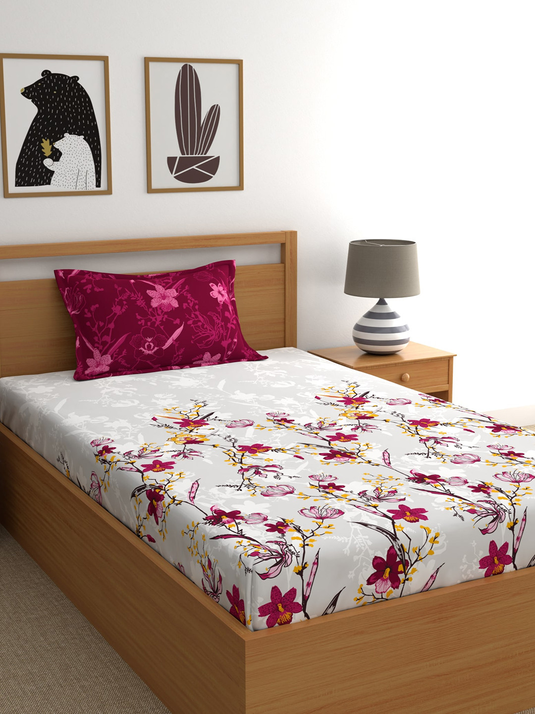 Buy Dreamscape Pink & Grey Floral 140 TC Cotton Single Bedsheet With 1 ...