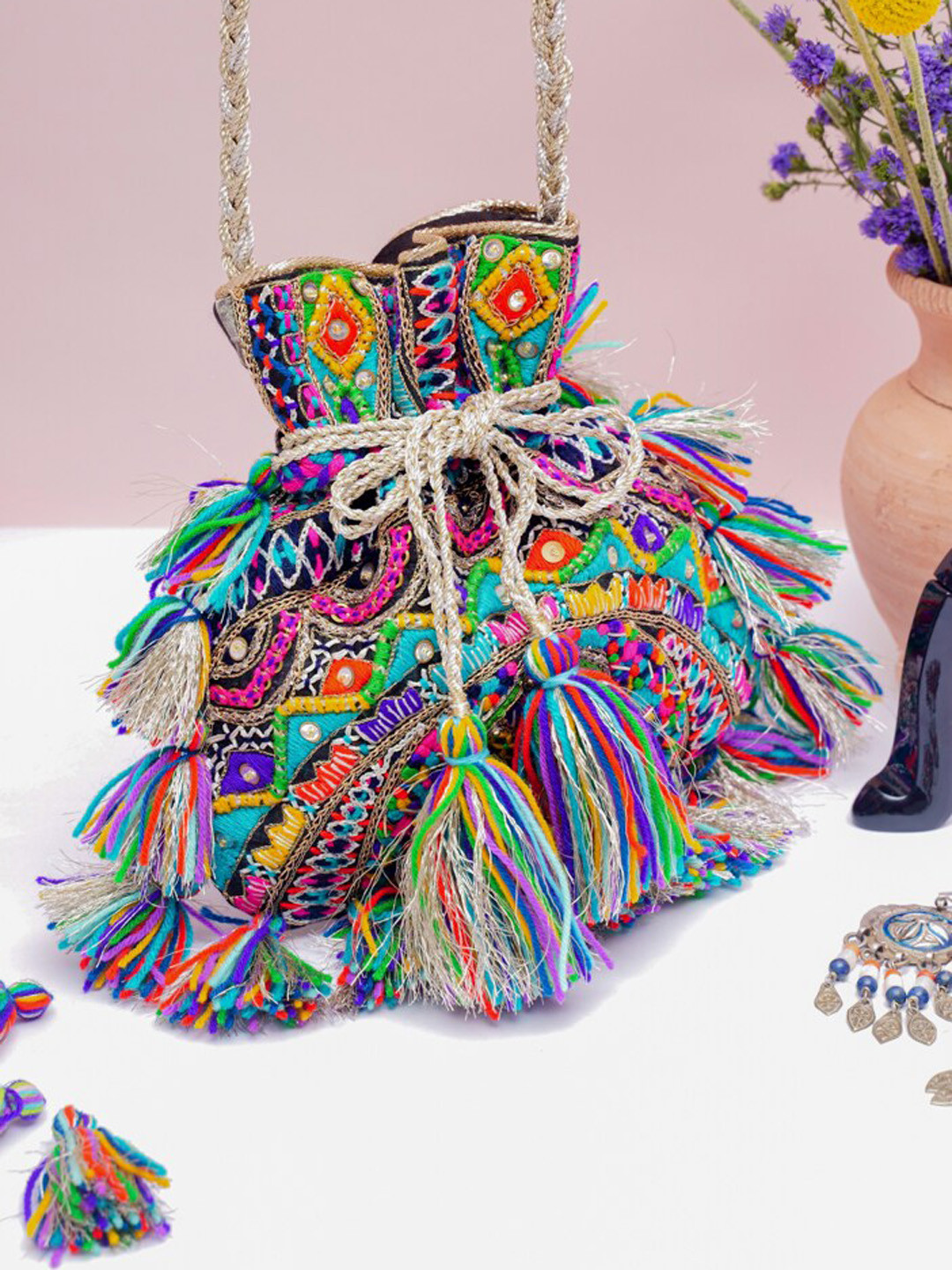 Buy Payal Singhal Black Ethnic Motifs Embellished Swagger Sling Potli ...