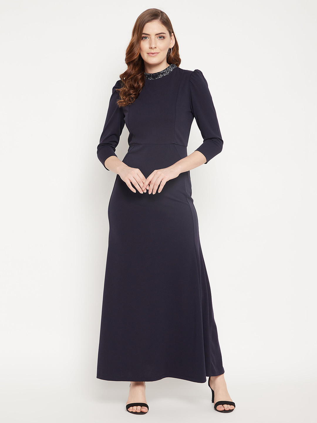 Buy Madame Women Navy Blue Maxi With Puff Sleeves Dress - Dresses for ...