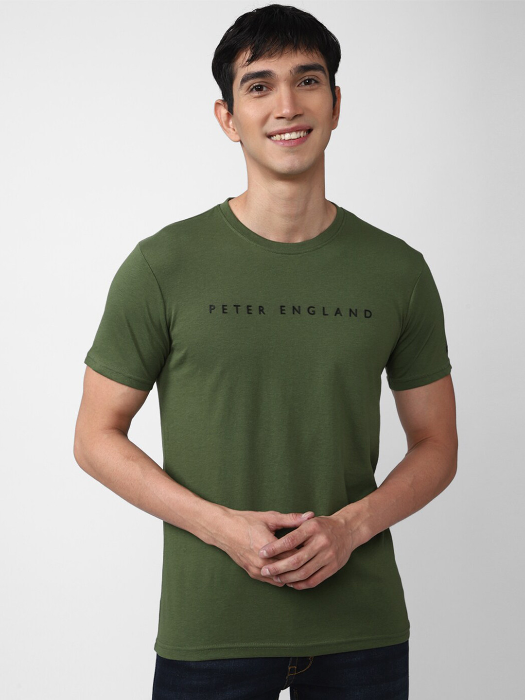 Buy Peter England Casuals Men Olive Green Solid Cotton Slim Fit T Shirt ...
