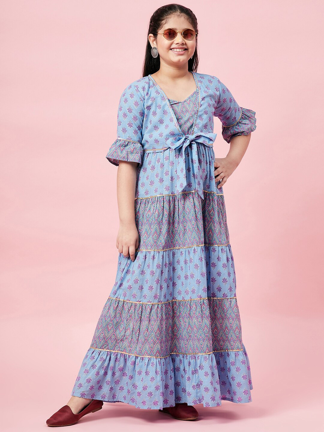 Buy Stylo Bug Girls Blue Ethnic Motifs Layered Maxi Dress - Ethnic ...