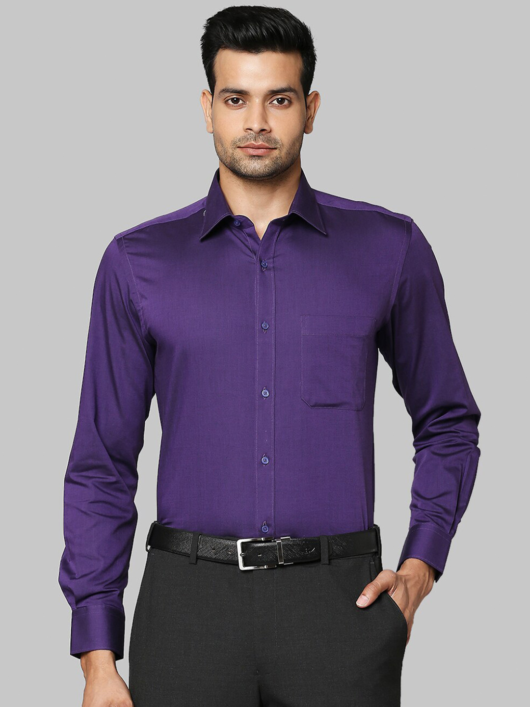 Buy Raymond Men Violet Solid Organic Cotton Regular Fit Formal Shirt ...
