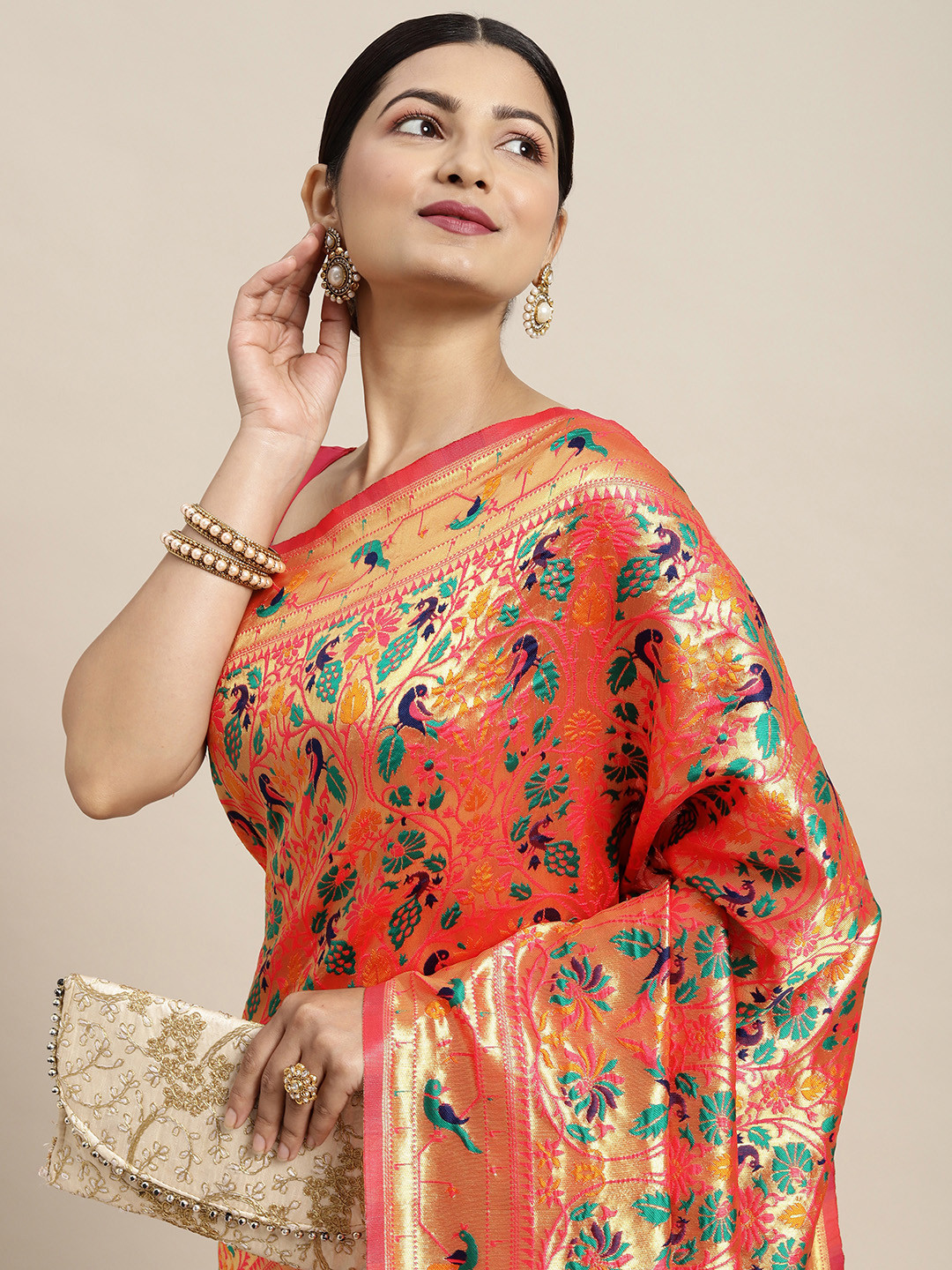 Buy Saree Mall Pink & Rose Gold Ethnic Motifs Zari Silk Blend Paithani ...