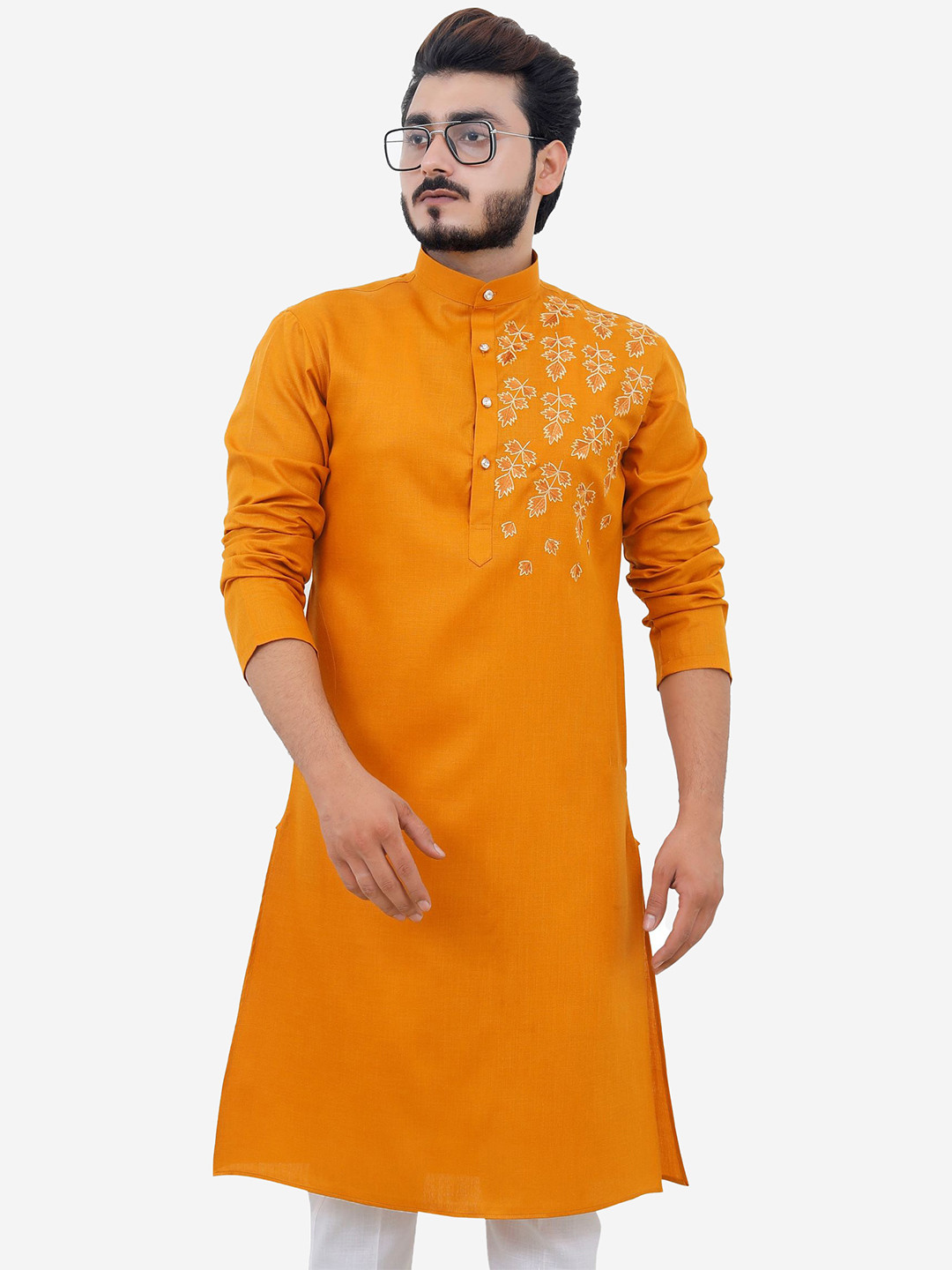 Buy Tibra Collection Men Mustard Yellow Floral Embroidered Kurta ...