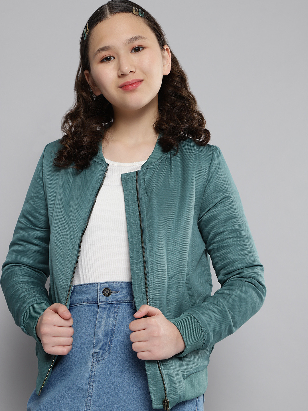 Buy M&H Juniors Girls Green Solid Bomber Jacket - Jackets for Girls ...