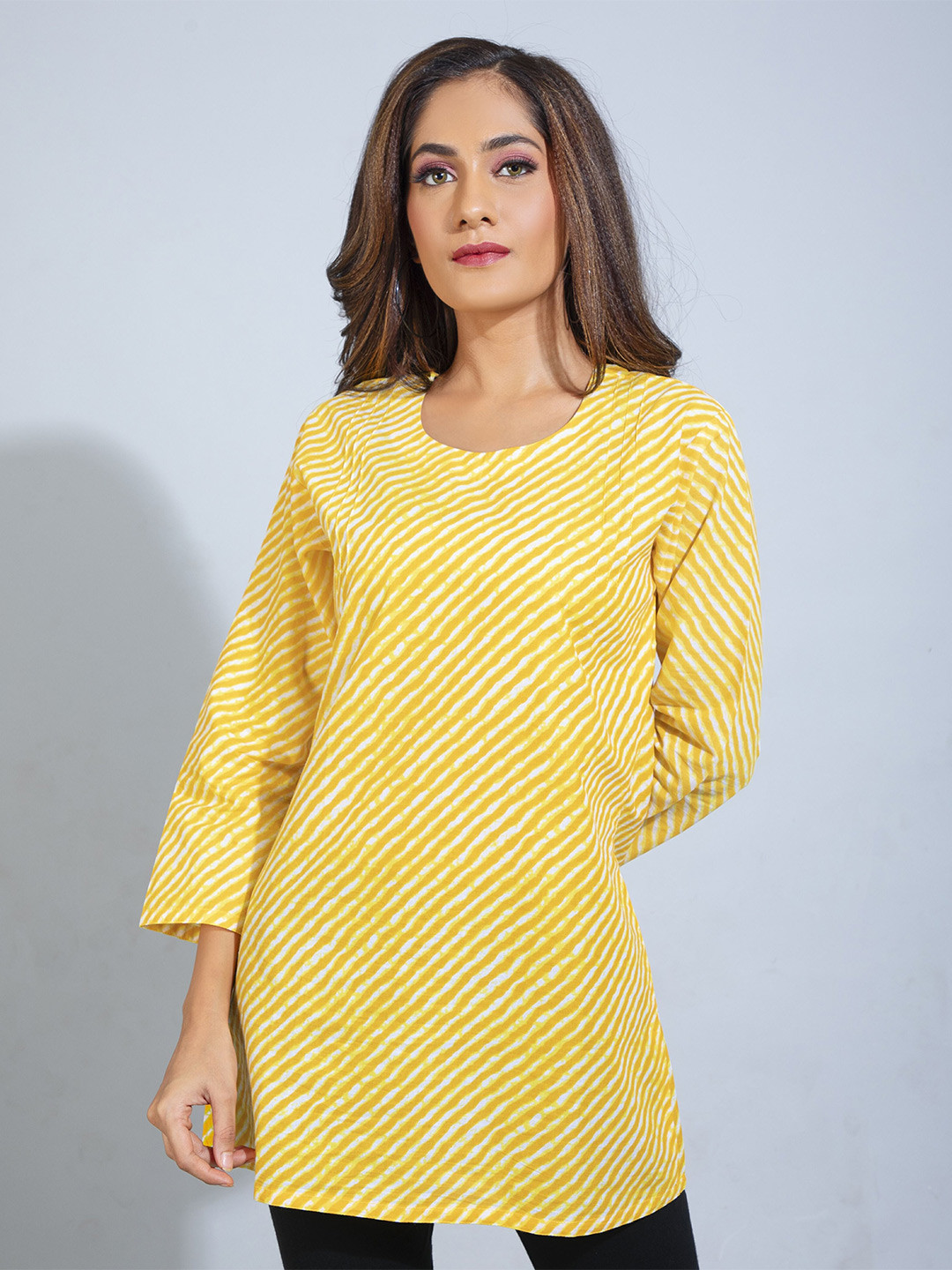 Buy POONAM DESIGNER Yellow Striped Longline Top - Tops for Women ...