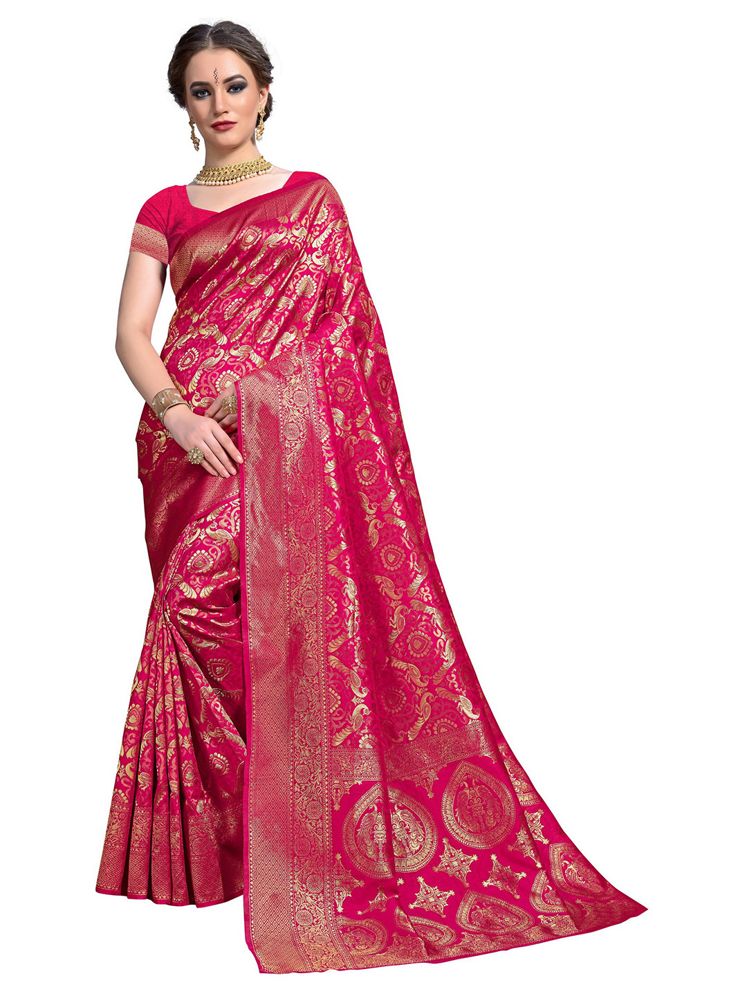 Buy SARIYA Pink & Gold Toned Floral Zari Silk Blend Banarasi Saree ...