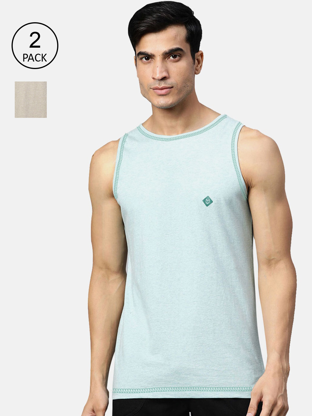 Buy Almo Wear Men Blue & Grey Pack Of 2 Solid Cotton Innerwear Vests ...