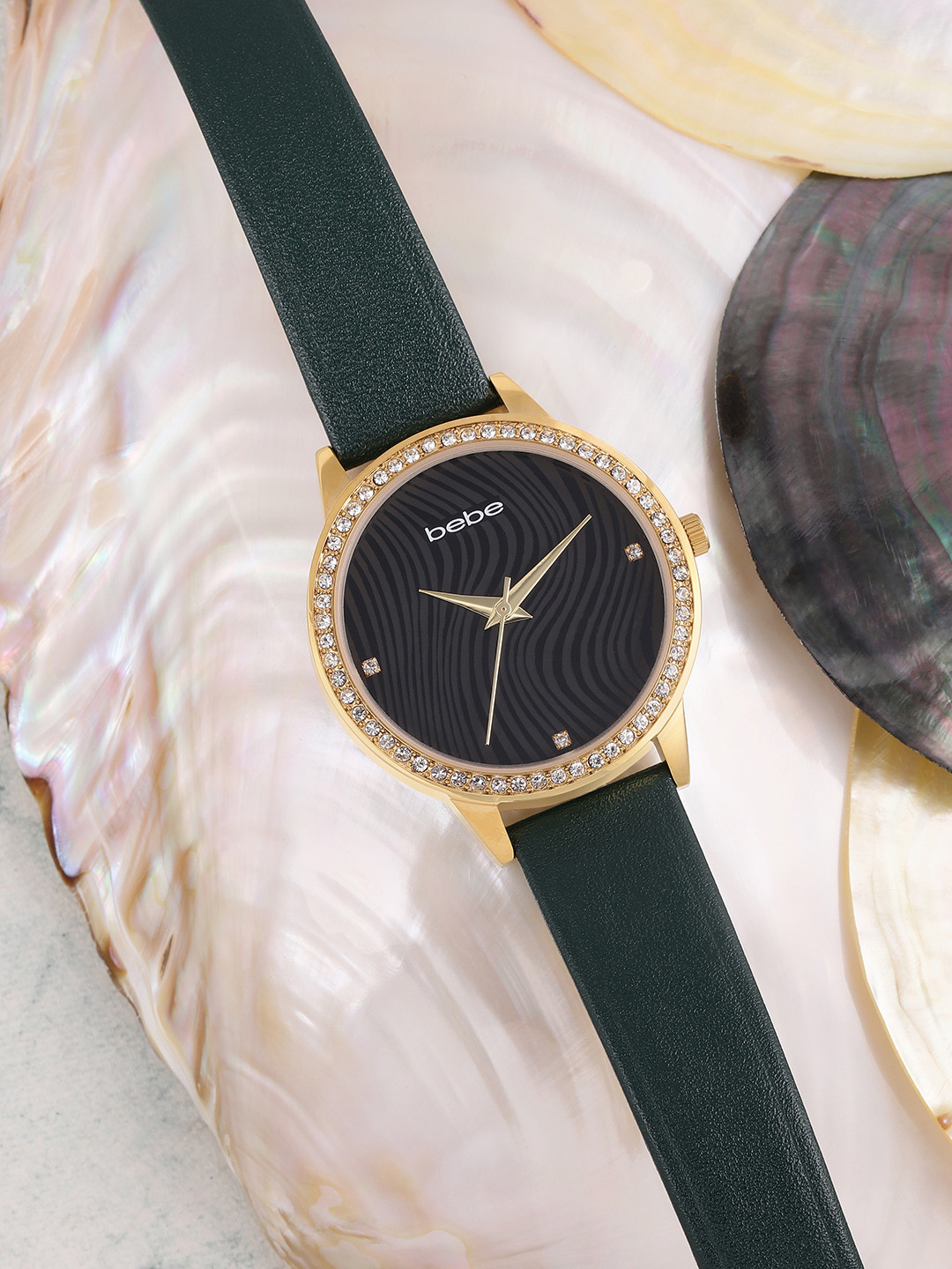 Buy Bebe Women Black Embellished Dial & Green Straps Analogue Watch BB ...