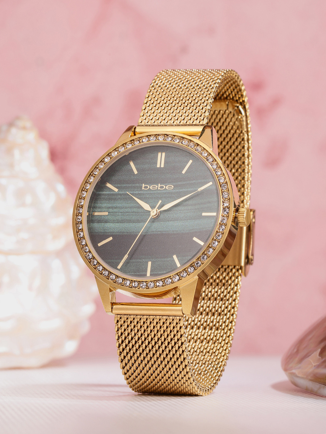 Buy Bebe Women Green Embellished Dial & Gold Toned Straps Analogue ...