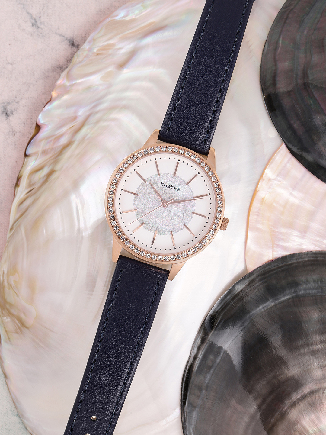 Buy Bebe Women White Embellished Dial & Navy Blue Straps Analogue Watch ...