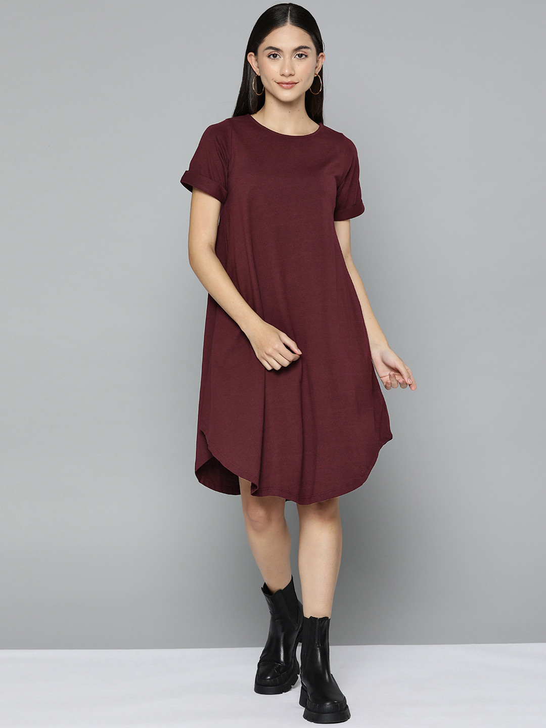 Buy Femella Maroon Curved Hem T Shirt Dress - Dresses for Women ...