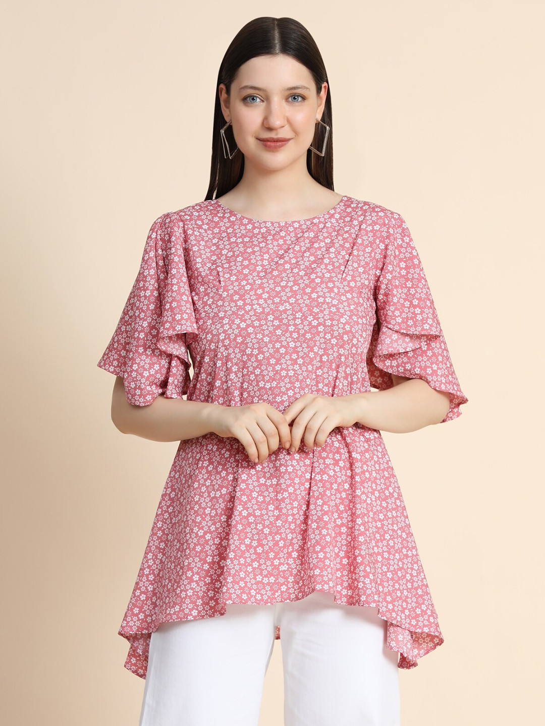 Buy KERI PERRY Women Pink Floral Printed Flared Sleeves A Line Top ...