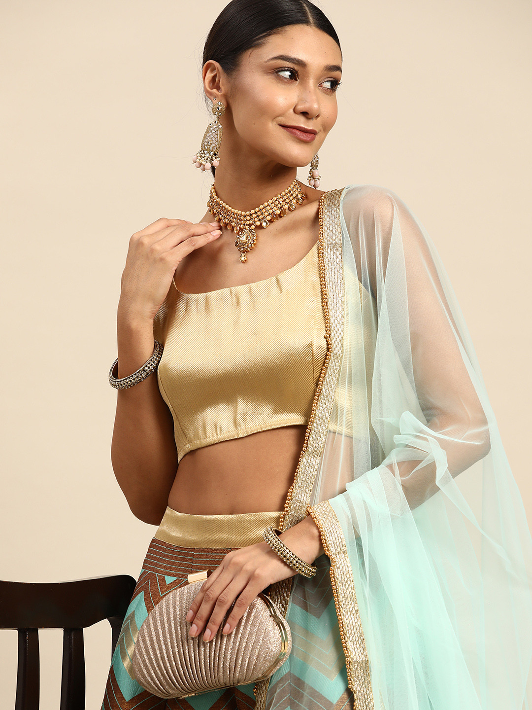 Buy Sangria Sea Green & Brown Ready To Wear Lehenga & Unstitched Blouse ...